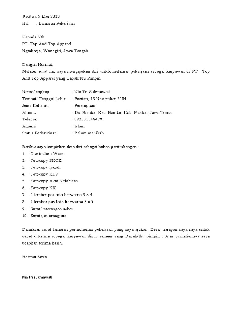 Surat Lamaran Nia Tri | PDF