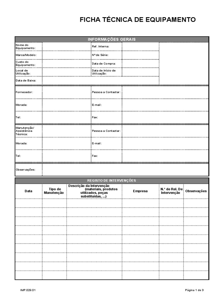 Ficha Técnica de Equipamento | PDF