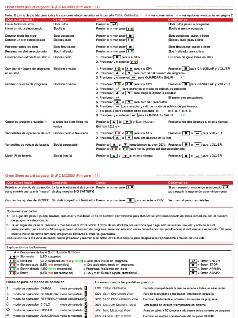 Cheat Sheet For The SkyRC MC3000 Charger Spanish (Firmware V1.13 | PDF ...