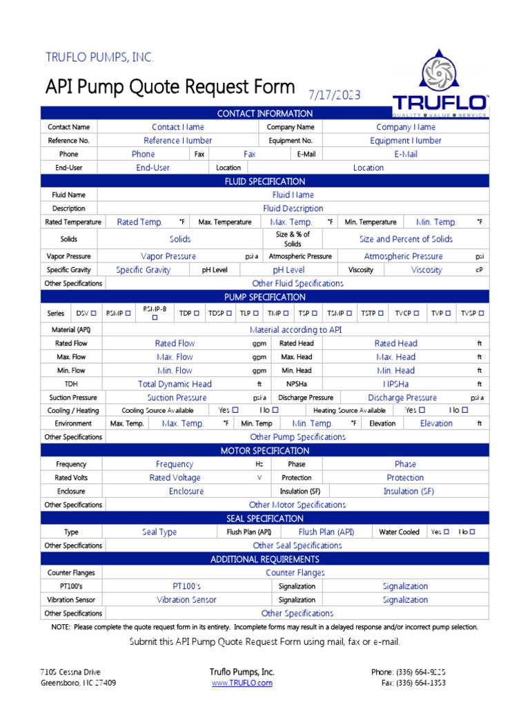 Truflo Pumps API Quote Request Form | PDF | Pressure | Pump