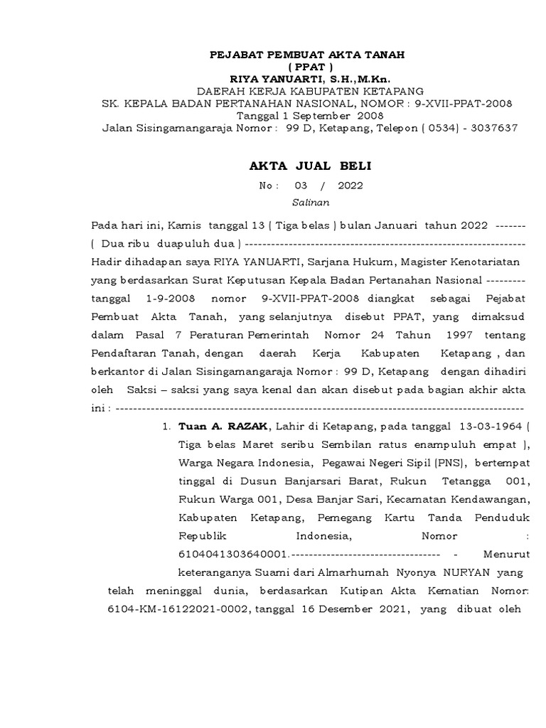 Akta Jual Beli: Pejabat Pembuat Akta Tanah (Ppat) Riya Yanuarti, S.H.,M.KN | PDF