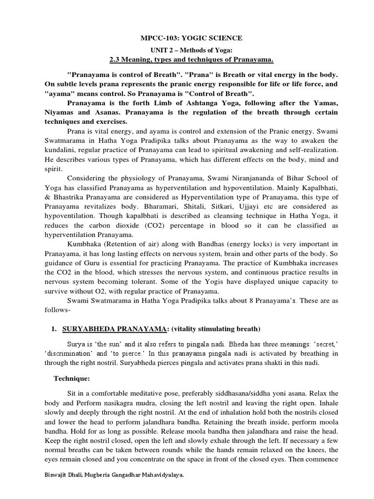 1585899215UNIT - II & III Pranayama - BD | PDF | Breathing | Hatha Yoga