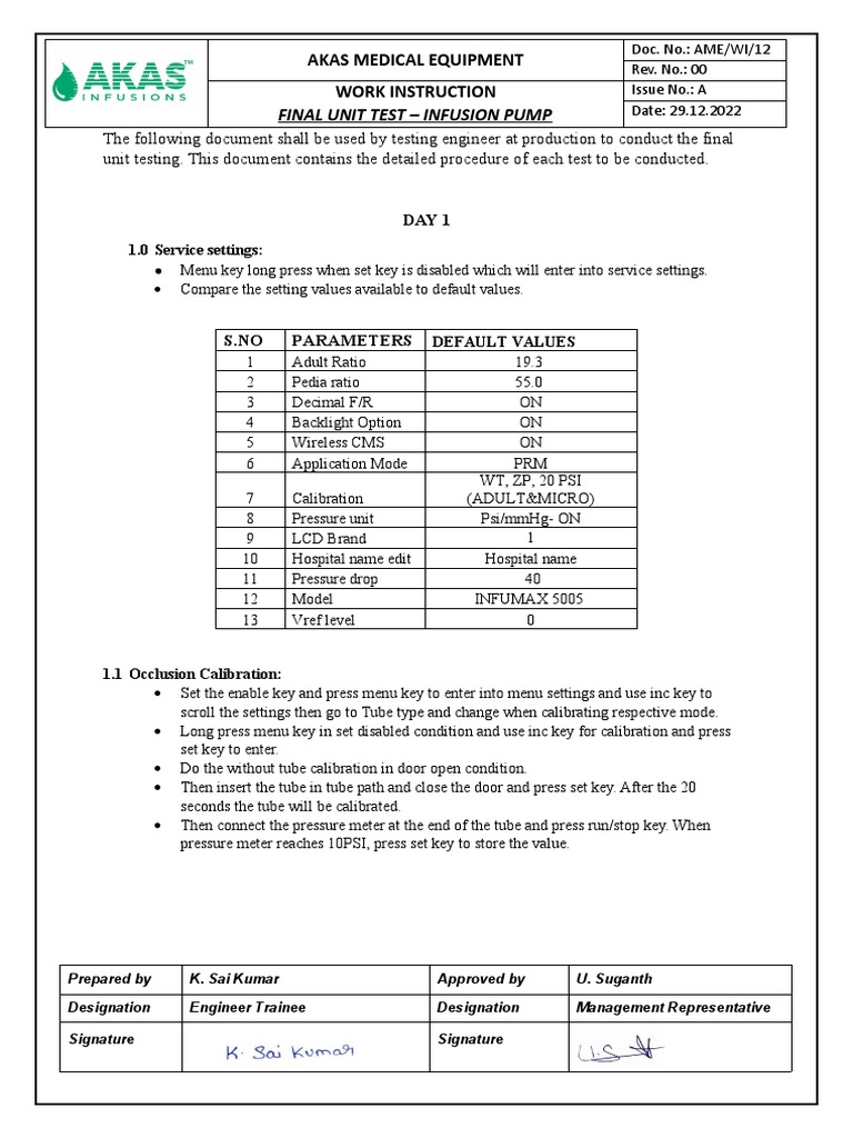 Final Testing Procedure for INFUMAX 5005 | PDF | Intravenous Therapy ...