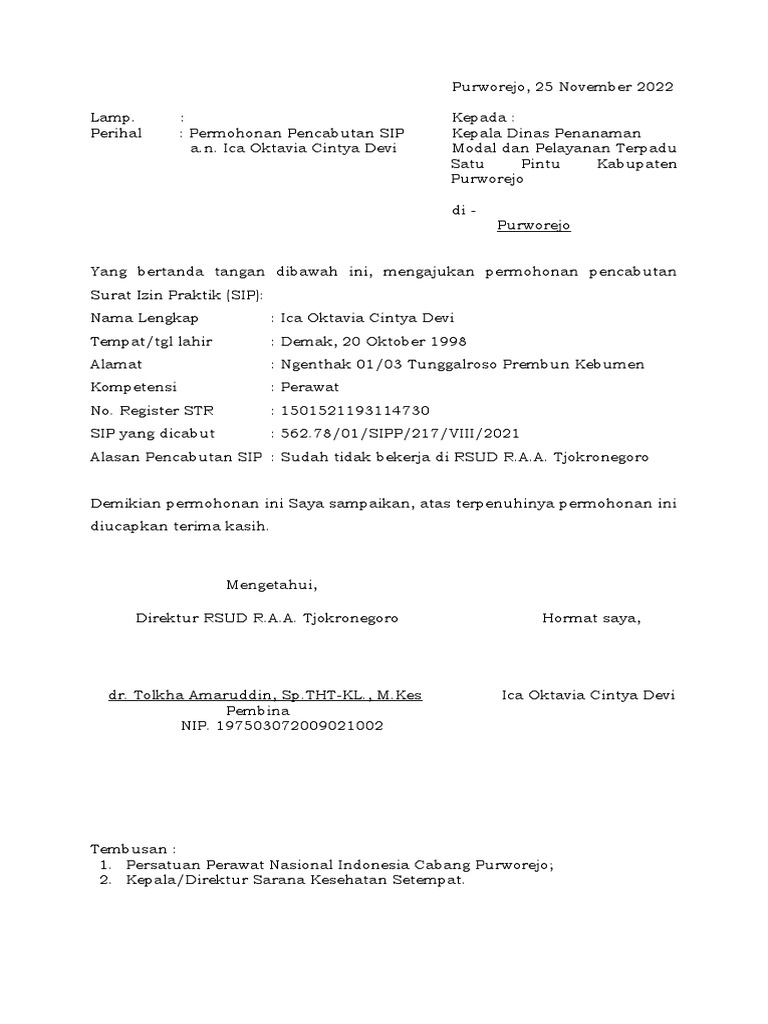 Surat Permohonan Pencabutan Sip | PDF