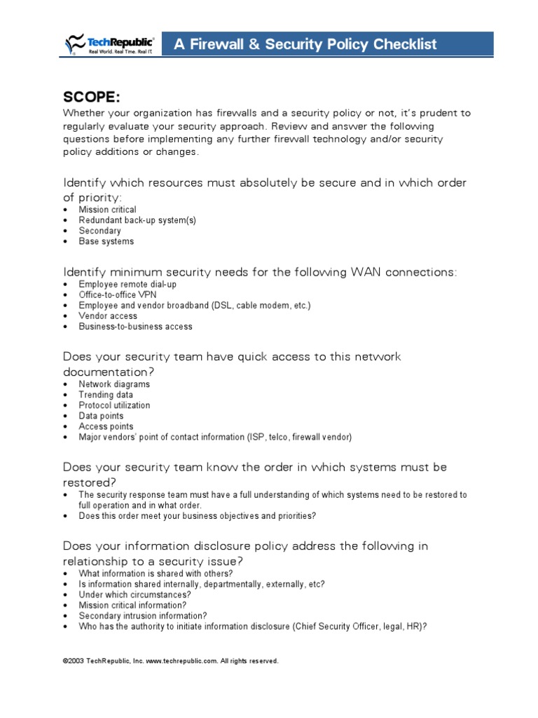 A Firewall & Security Policy Checklist - Tech Republic | PDF ...