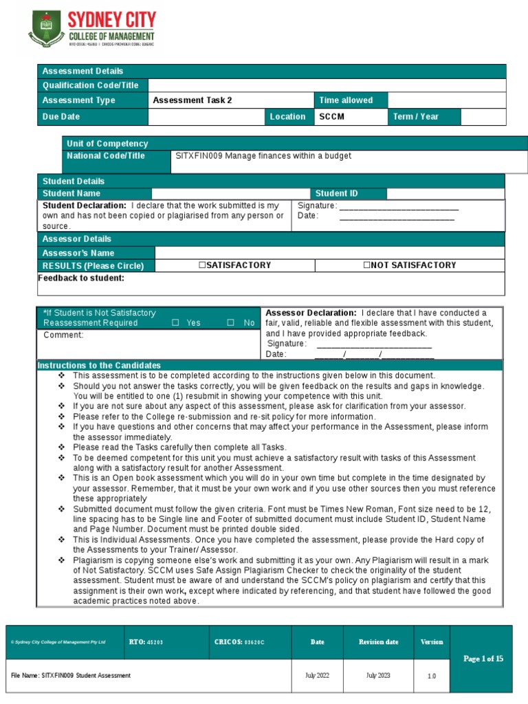 SITXFIN009 Student Assessment Task 2 | PDF | Budget | Communication