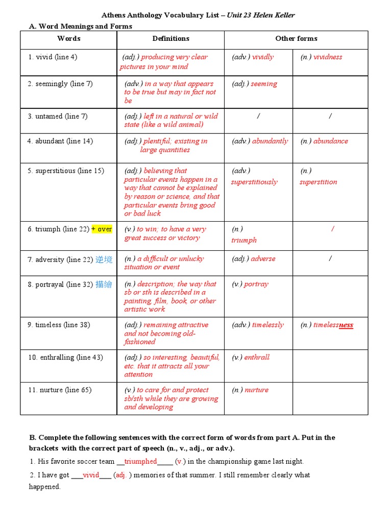 AA Vocabulary List Unit 23 KEY | PDF
