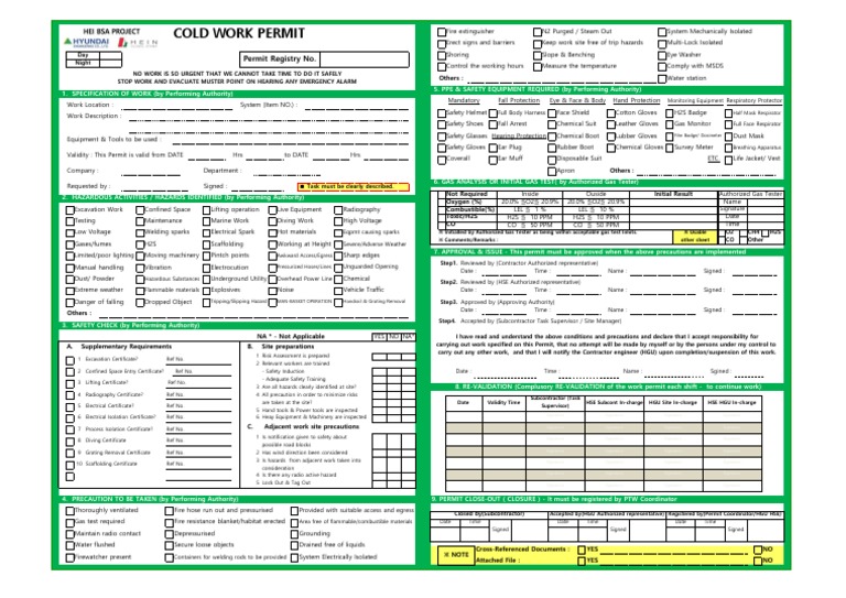 Cold Work Permit | PDF | Personal Protective Equipment | Safety