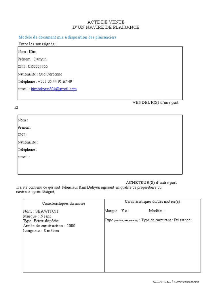 Modèle Acte de Vente D Un Navire de Plaisance - RTF V5 Janv 2022 | PDF | Finance et gestion ...