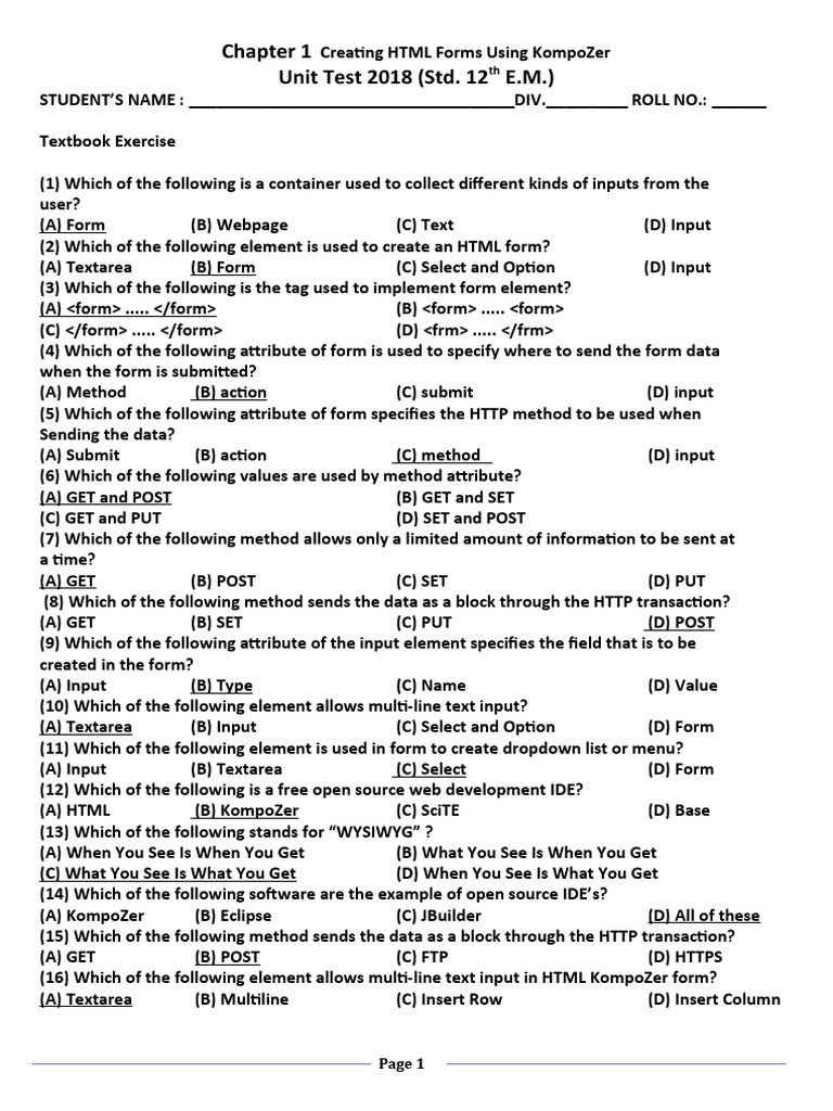 ANSWER KEY (1) - 59 Que | PDF | Html Element | Html