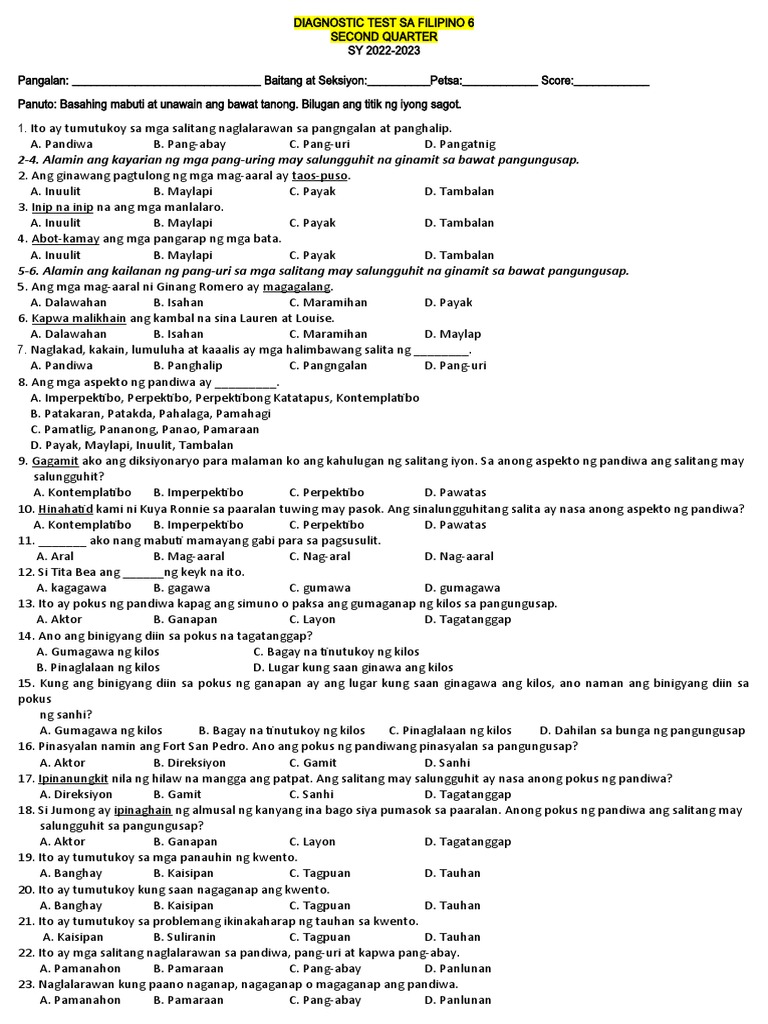 FILIPINO 6 - 2nd DIAGNOSTIC TEST-2022-2023 | PDF