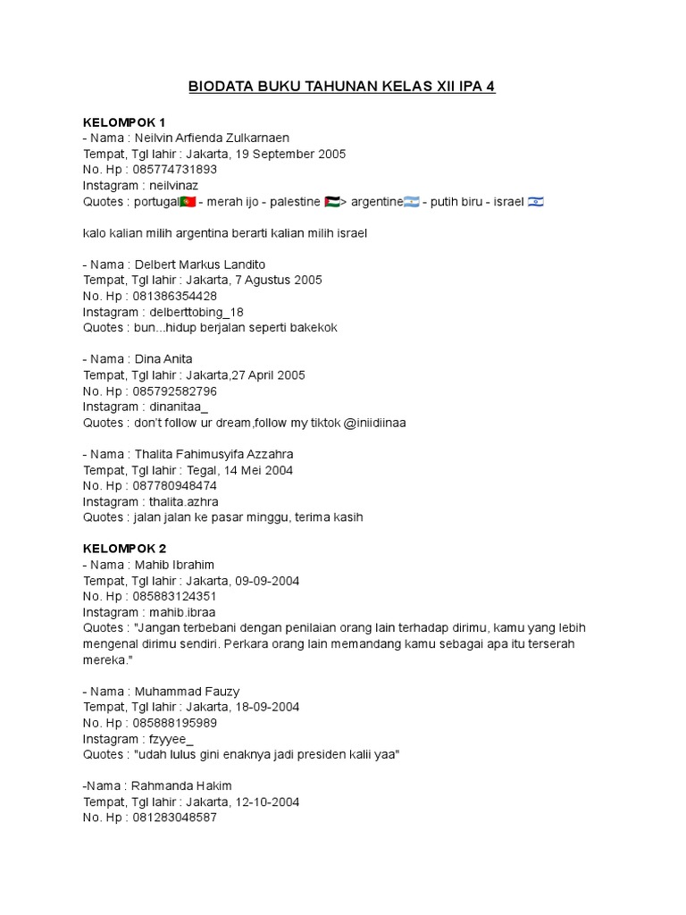 Biodata Kelas XII IPA 4 | PDF