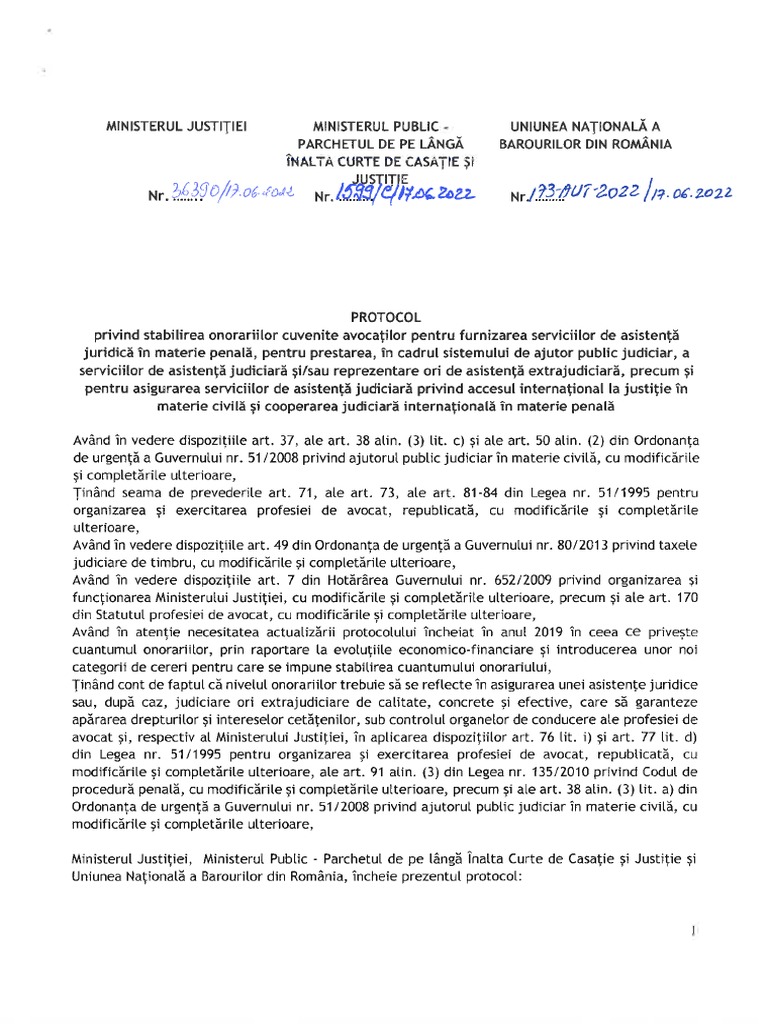 Protocol - Stabilire - Onorarii - Oficiu - MJ - MP - UNBR - 2022 | PDF
