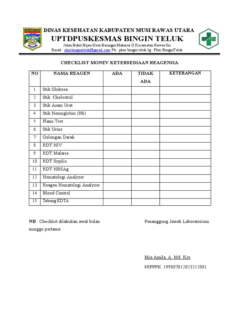 Checklist Monev Ketersediian Reagensia | PDF