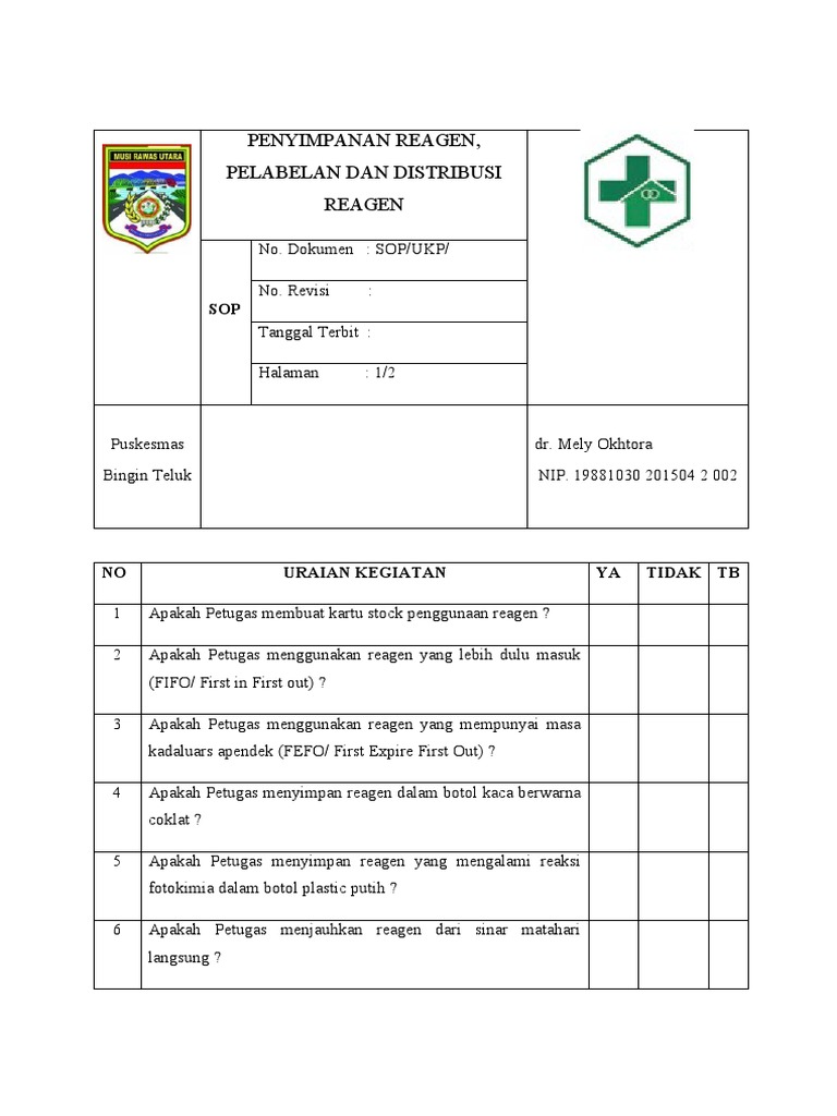(Check List), Bukti Penyimpanan Dan Pelabelan Reagensia Sesuai Dengan ...
