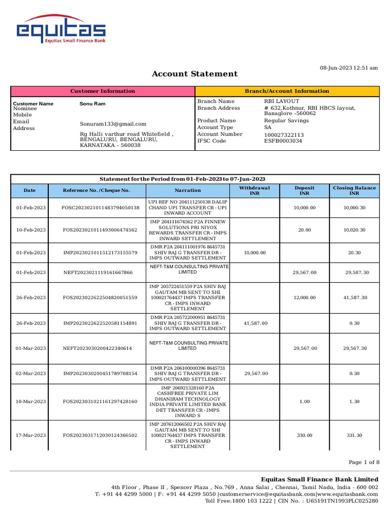 Account Statement: Customer Information Branch/Account Information ...