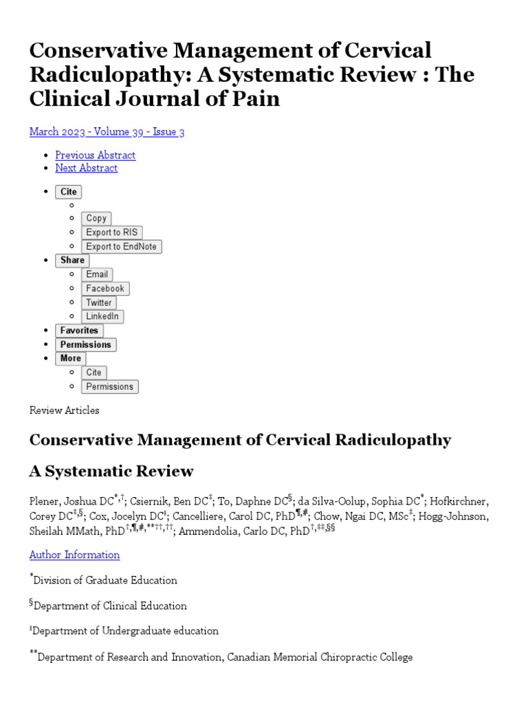 Conservative Management of Cervical Radiculopathy - A Systema... - The Clinical Journal of Pain ...