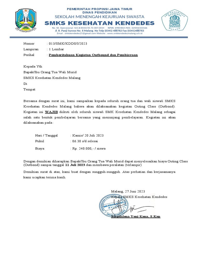 Surat Pemberitahuan Outing Class Bulan Juli | PDF