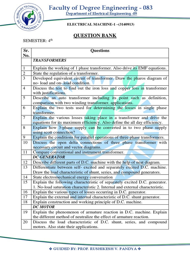 Em 1questions Bank | PDF | Electric Motor | Transformer