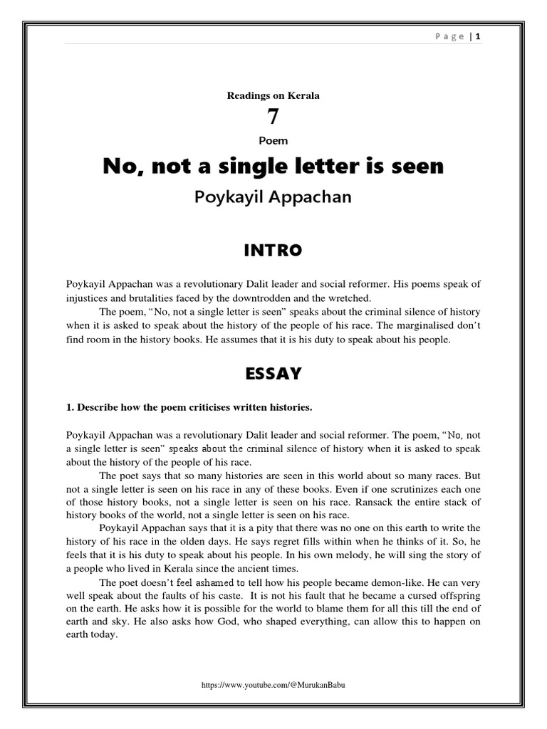 Poykayil Appachan COMPLETE NOTES | PDF | Art | Poetry