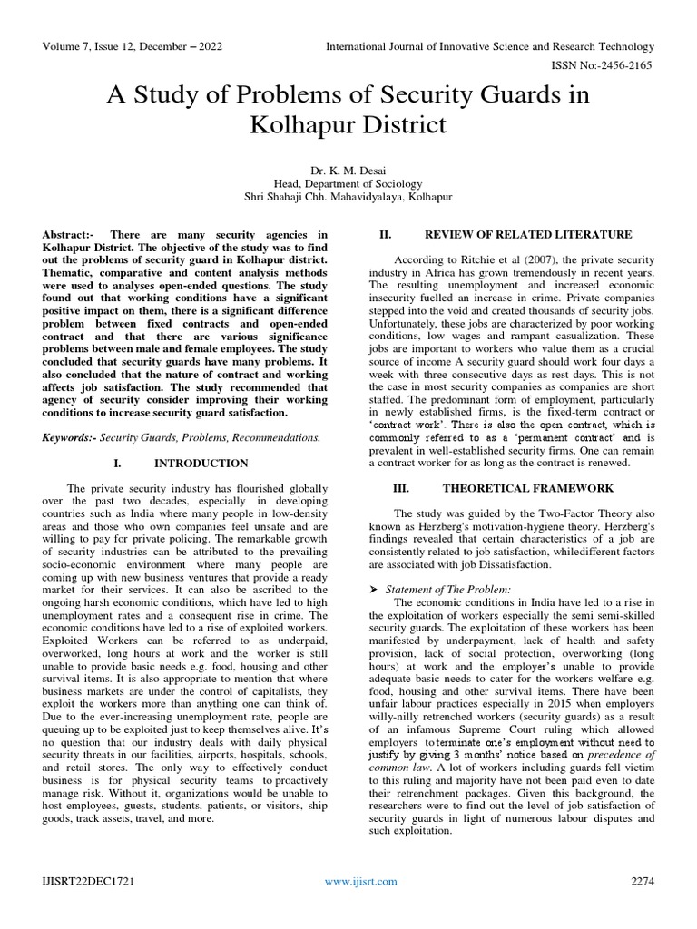 A Study of Problems of Security Guards in Kolhapur District | PDF ...
