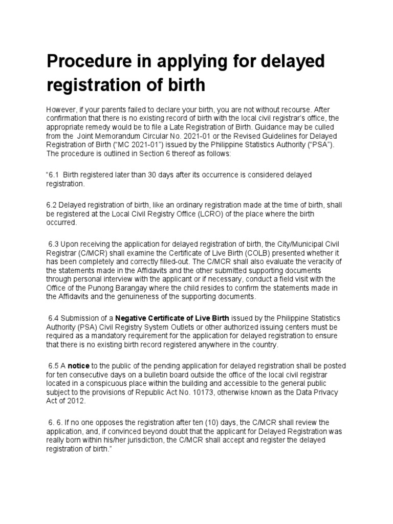 Procedure in Applying For Delayed Registration of Birth | PDF | Birth ...