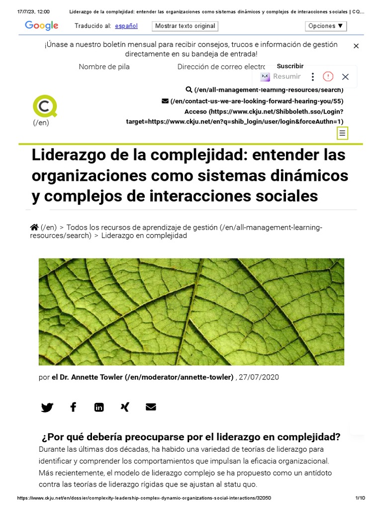 Liderazgo de La Complejidad: Entender Las Organizaciones Como Sistemas Dinámicos y Complejos de ...