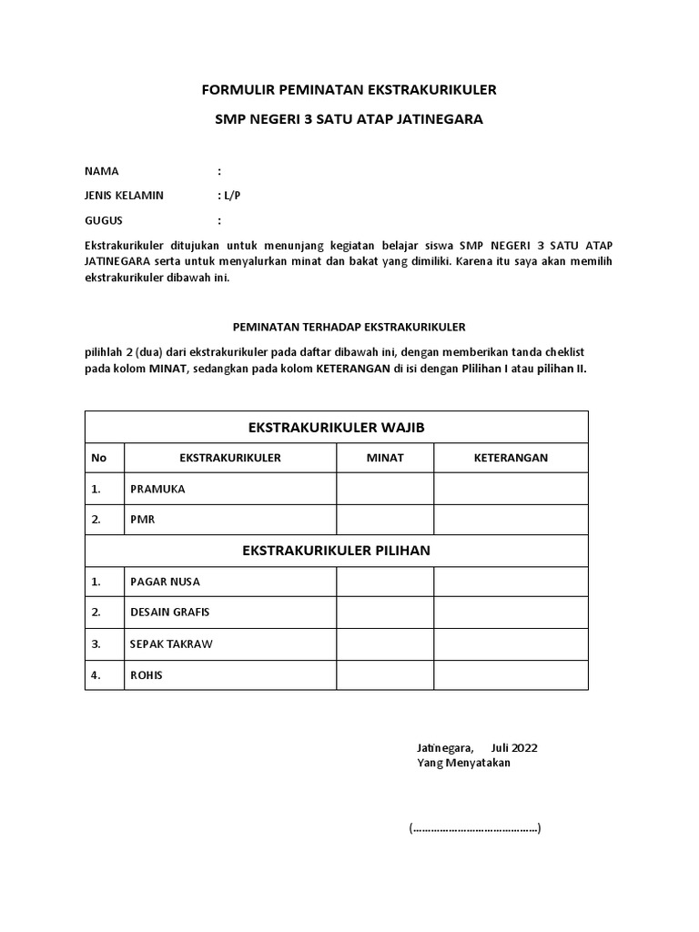 Formulir Peminatan Ekstrakurikuler | PDF