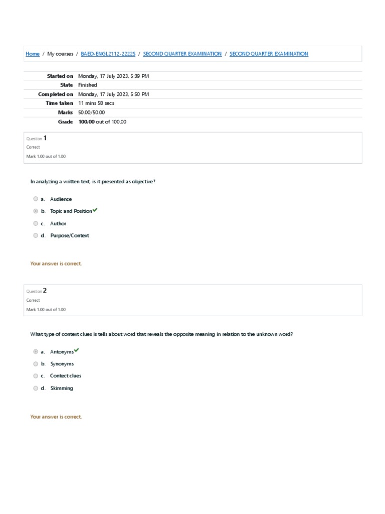 Reading and Writing Skills 2nd Quarter Exam | PDF | Speed Reading | Reading Comprehension