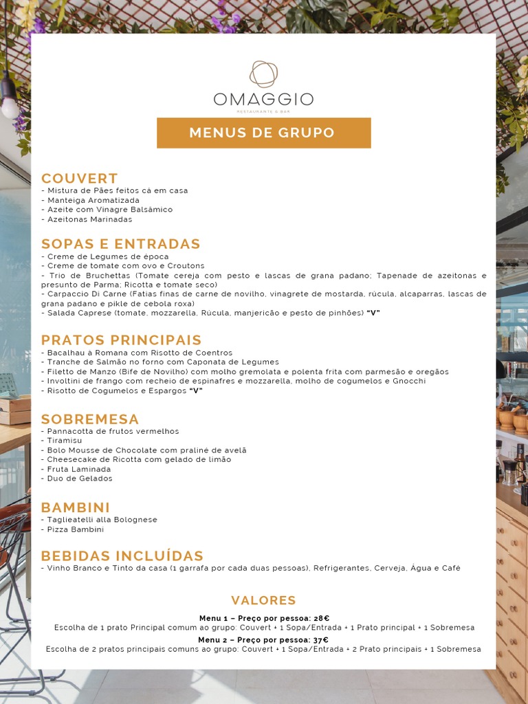 Menu de Grupo Omaggio Praia do Sal | PDF
