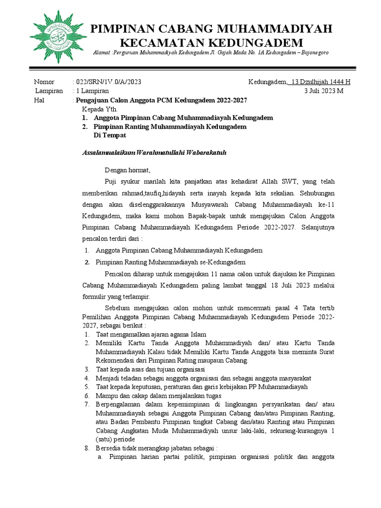 Surat Permohonan Formatur Muhammadiyah | PDF