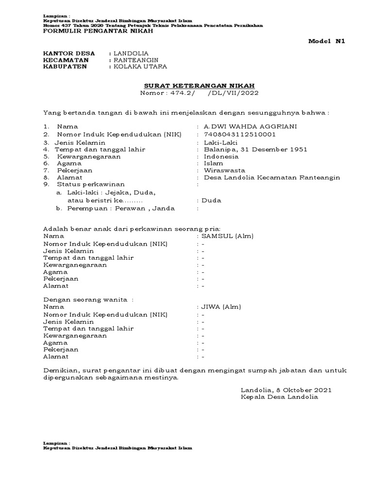 Model N1: Formulir Pengantar Nikah | PDF