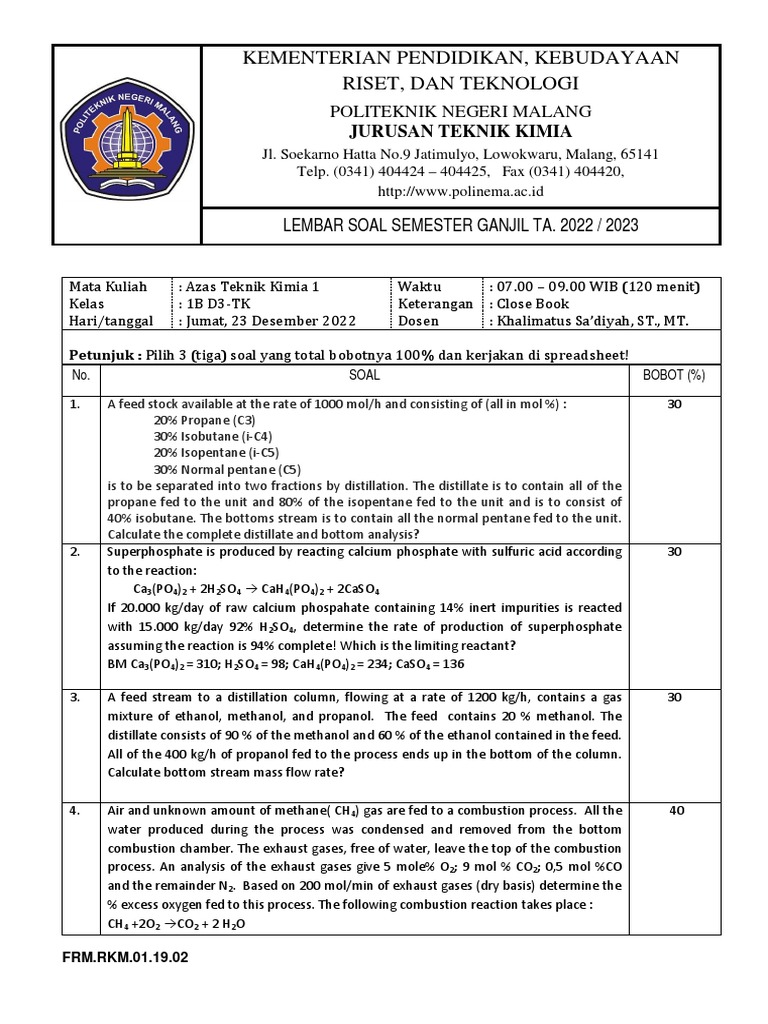Soal UAS ATK 1 2022 - 2023 D3 TK | PDF | Methane | Chemical Industry