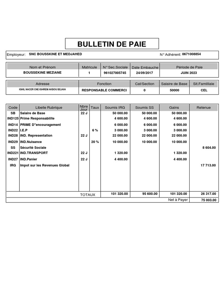 Modèle De Fiche De Paie Algérie 2023 Pdf