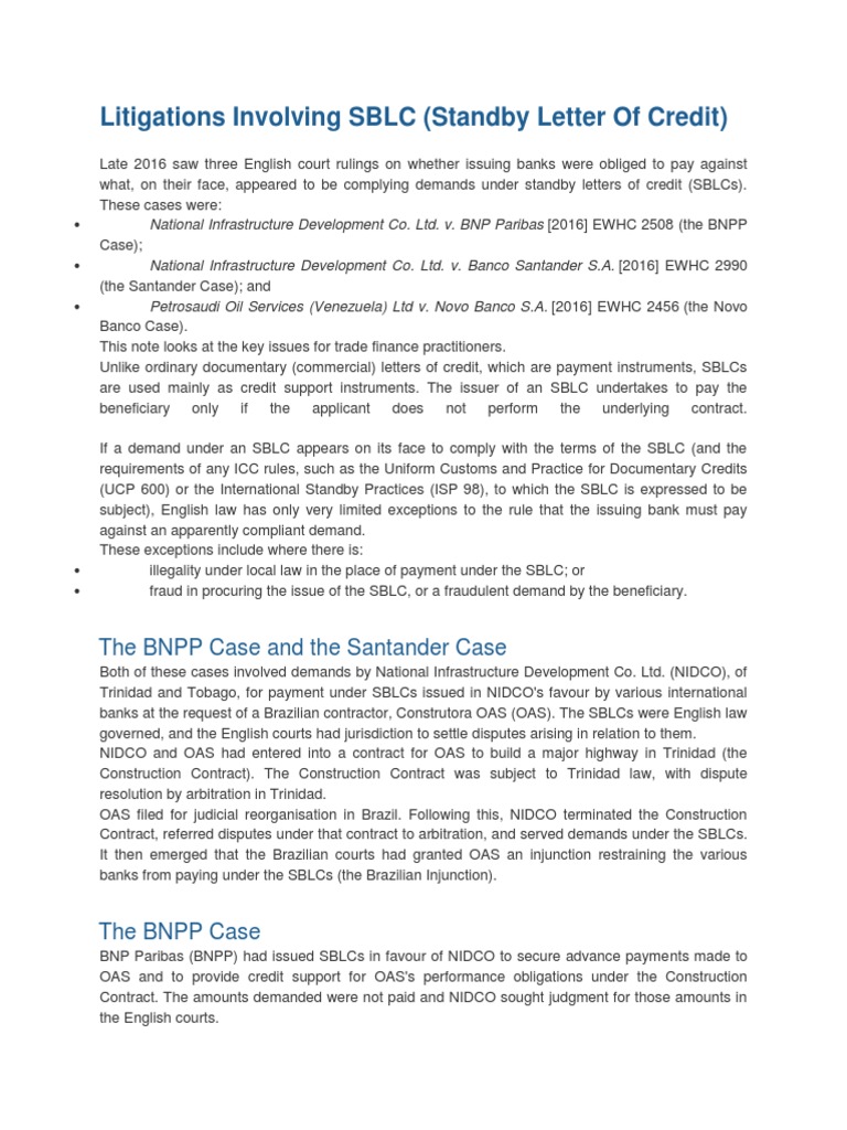 Litigations Involving SBLC | PDF | Letter Of Credit | Bnp Paribas