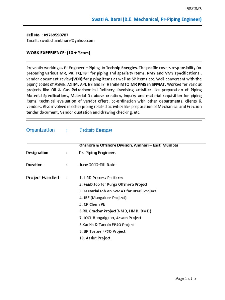 Piping Engineer Resume - Swati A. Barai | PDF | Pipe (Fluid Conveyance ...