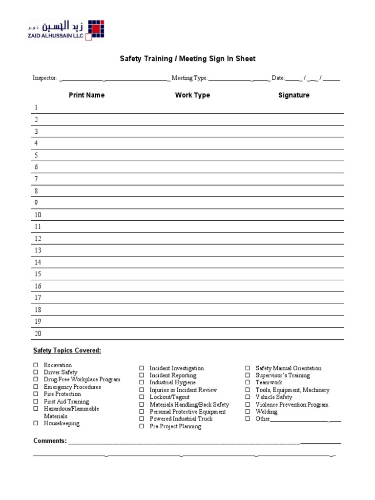 Safety Training-Meeting Sign in Sheet | PDF