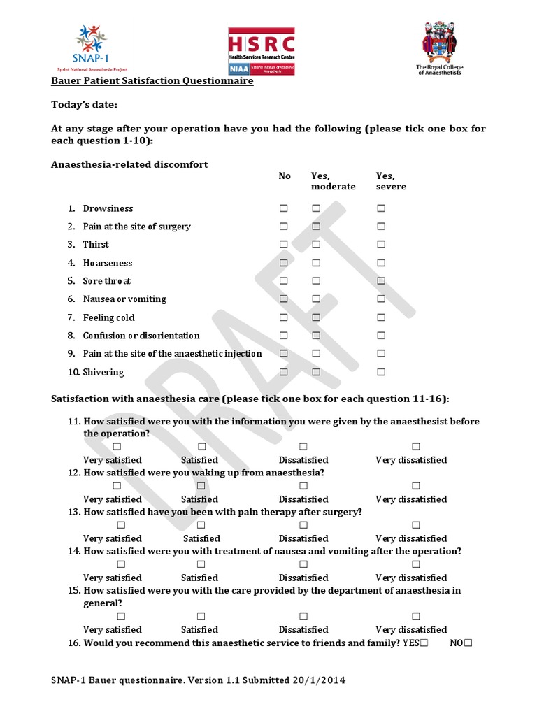 Appendix 1 - Draft Bauer Questionnaire | PDF | Anesthesia | Nausea