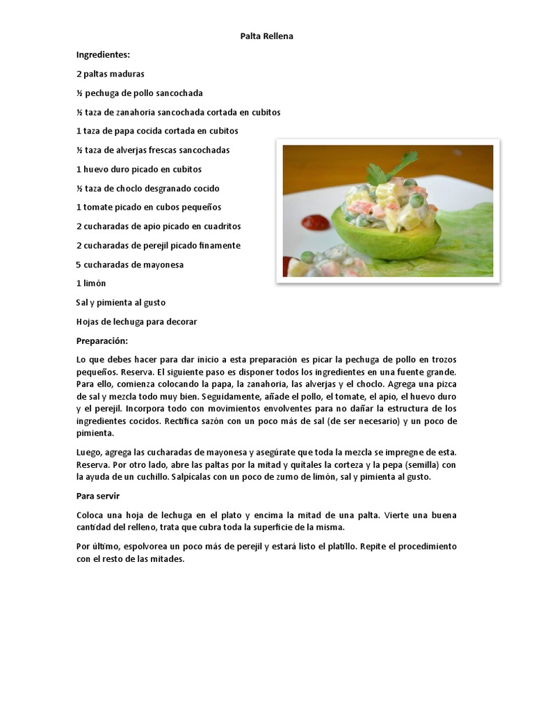 Receta de Palta Rellena con Pollo | PDF