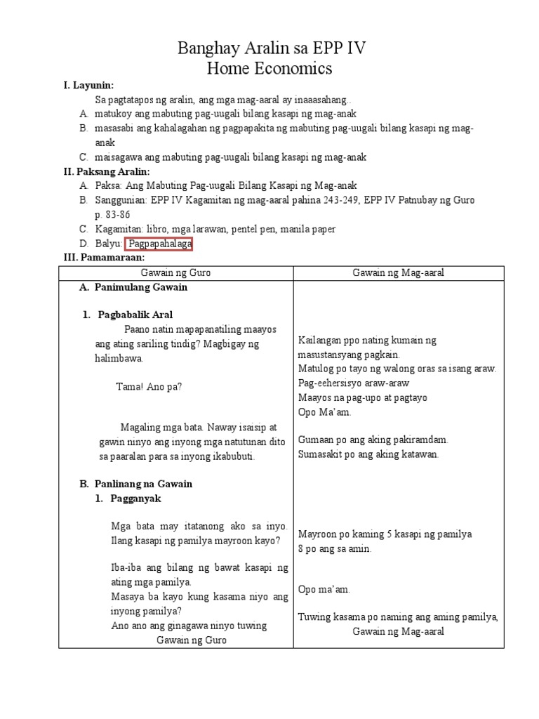 Banghay Aralin Sa EPP IV Ang Mabuting Pag-Uugali Bilang Kasapi NG Mag ...