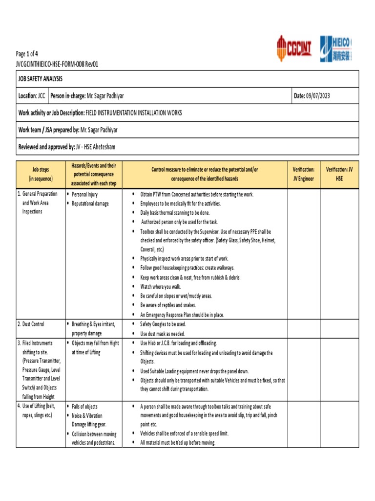 JSA - Field Instruments Installation | PDF | Personal Protective ...