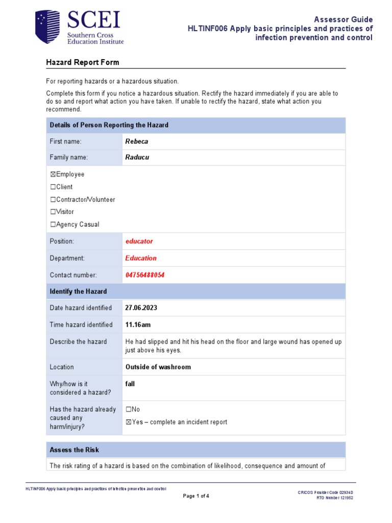 Hazard Report - Checklist 2 - 16252 - Rebeca Raducu | PDF | Hazards | Risk