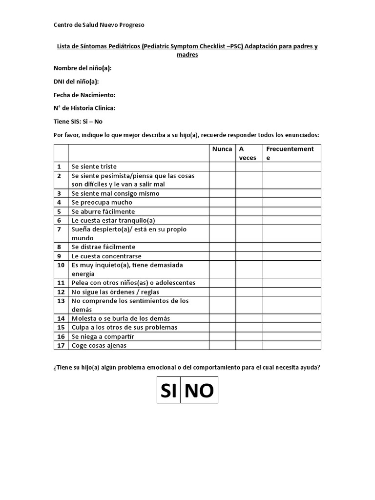 Lista de Síntomas Pediátricos (Pediatric Symptom Checklist - PSC ...