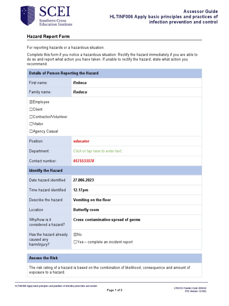 Hazard Report Form - Checklist 3 Vomit - 16252-Rebeca Raducu | PDF ...