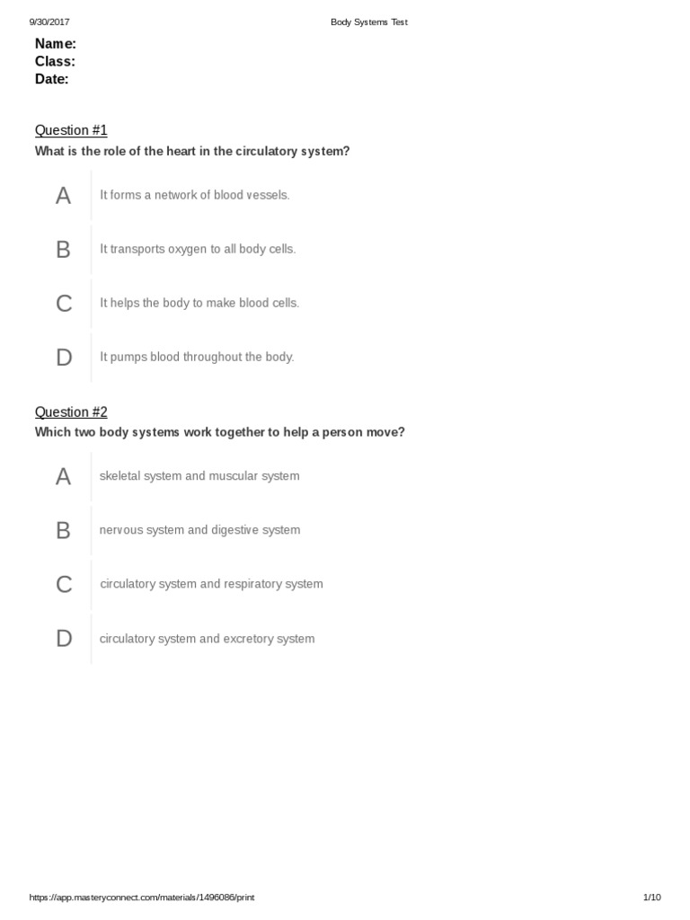 Body Systems Test | Download Free PDF | Human Body | Respiratory System