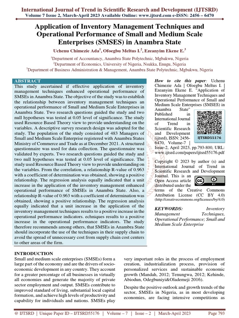 Application of Inventory Management Techniques and Operational Performance of Small and Medium ...
