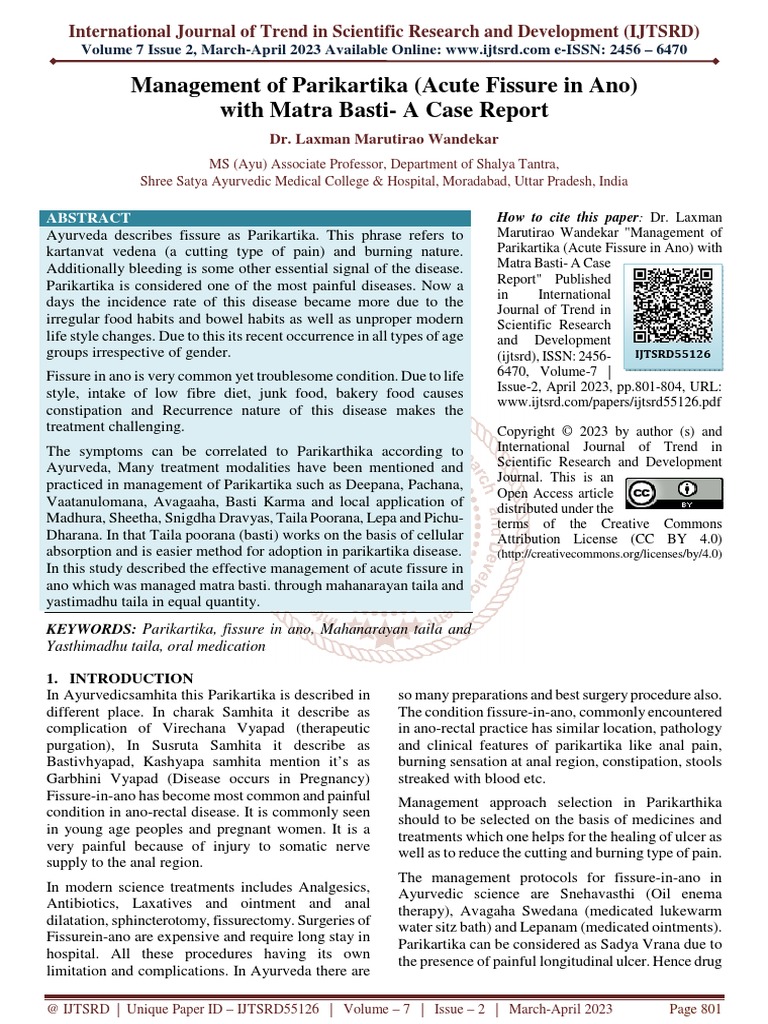 Management of Parikartika Acute Fissure in Ano With Matra Basti A Case ...