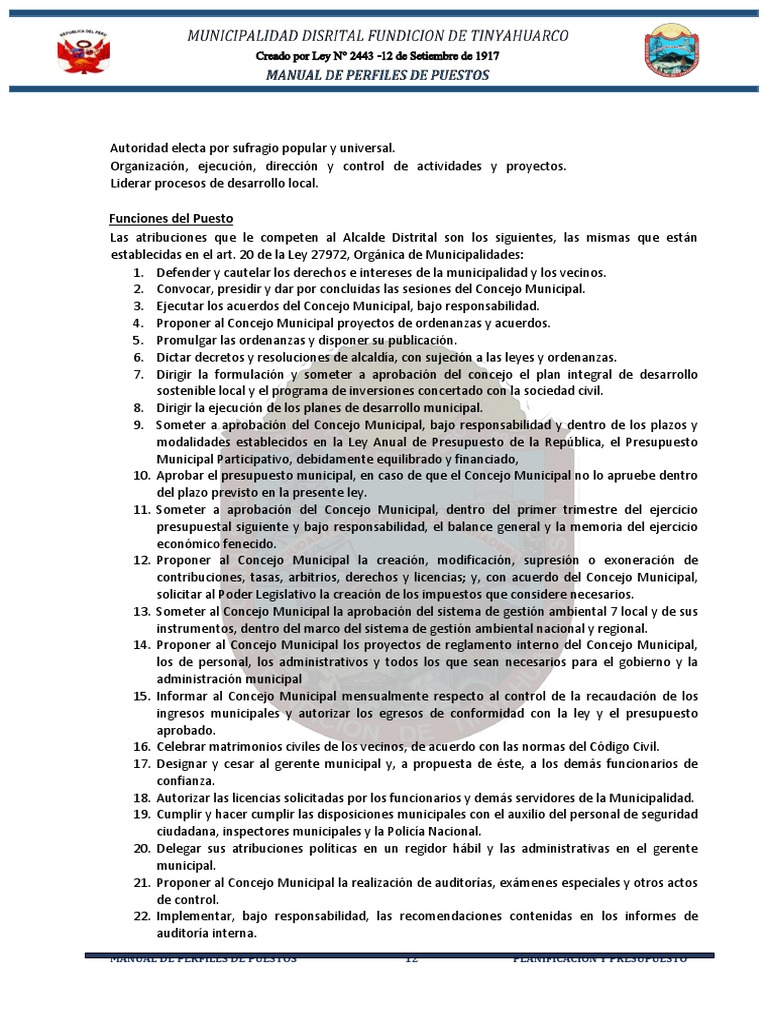 MANUAL DE PERFILES DE PUESTOS MDFT - pdf-12 | PDF | Presupuesto | Alcalde