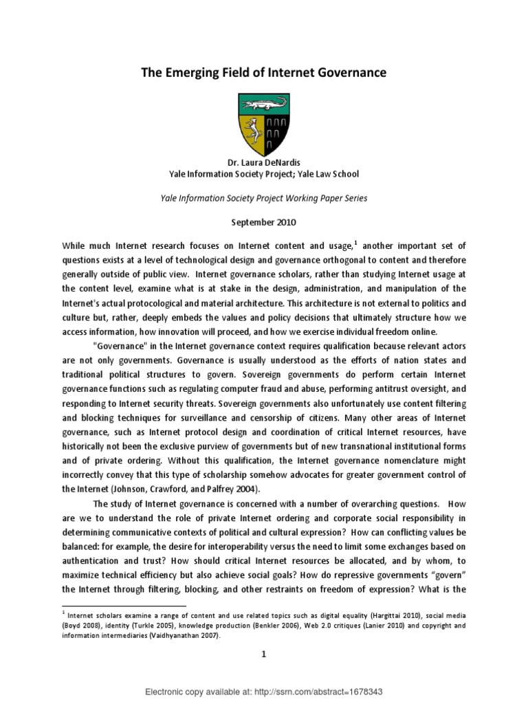 (2010) DeNardis - The Emerging Field of Internet Governance | PDF ...