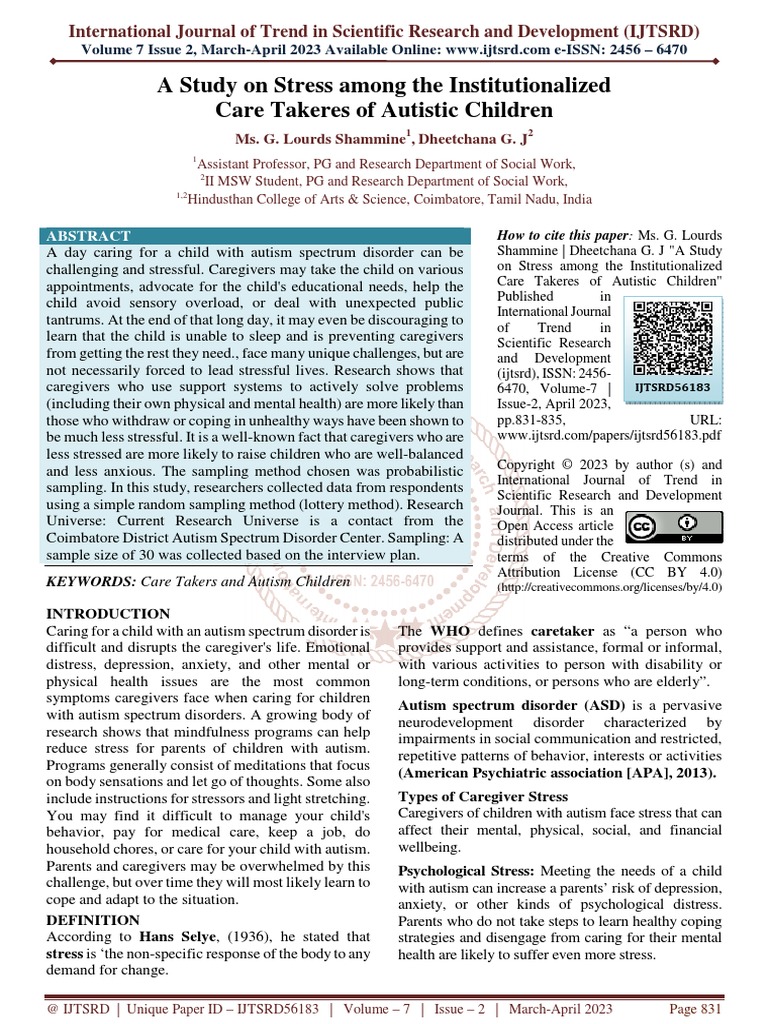 A Study On Stress Among The Institutionalized Care Takeres of Autistic ...